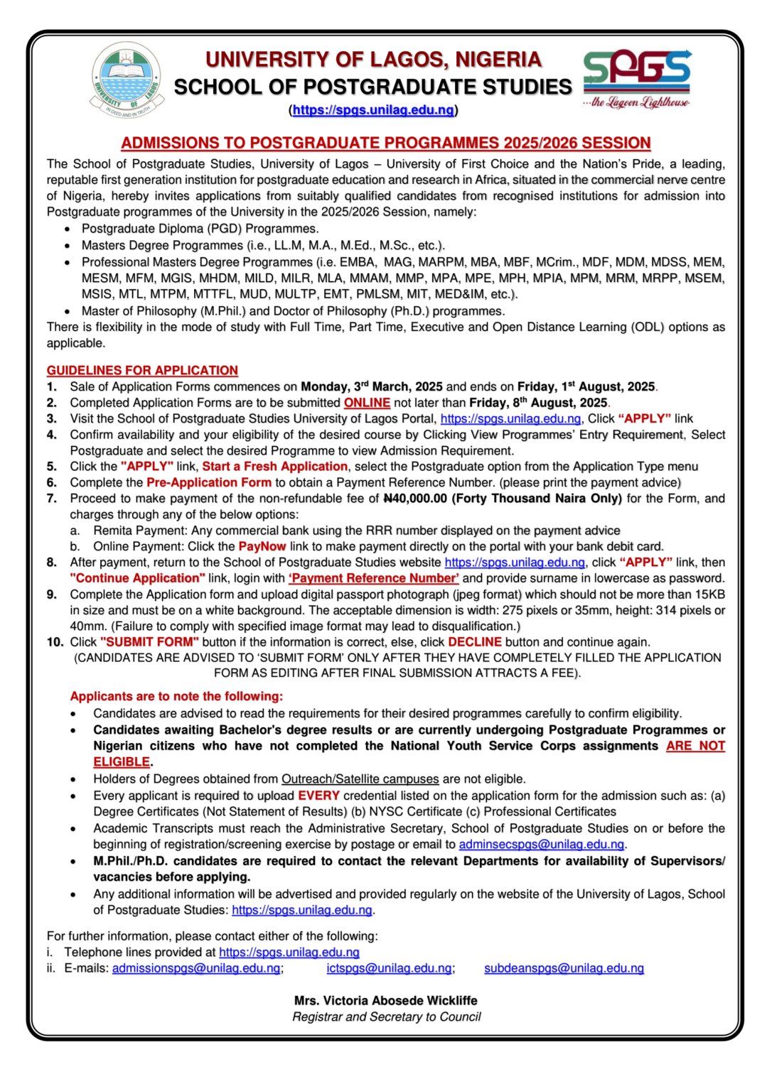 SPGS-UNILAG: Notice on Admissions to Postgraduate Programmes for 2025/ ...