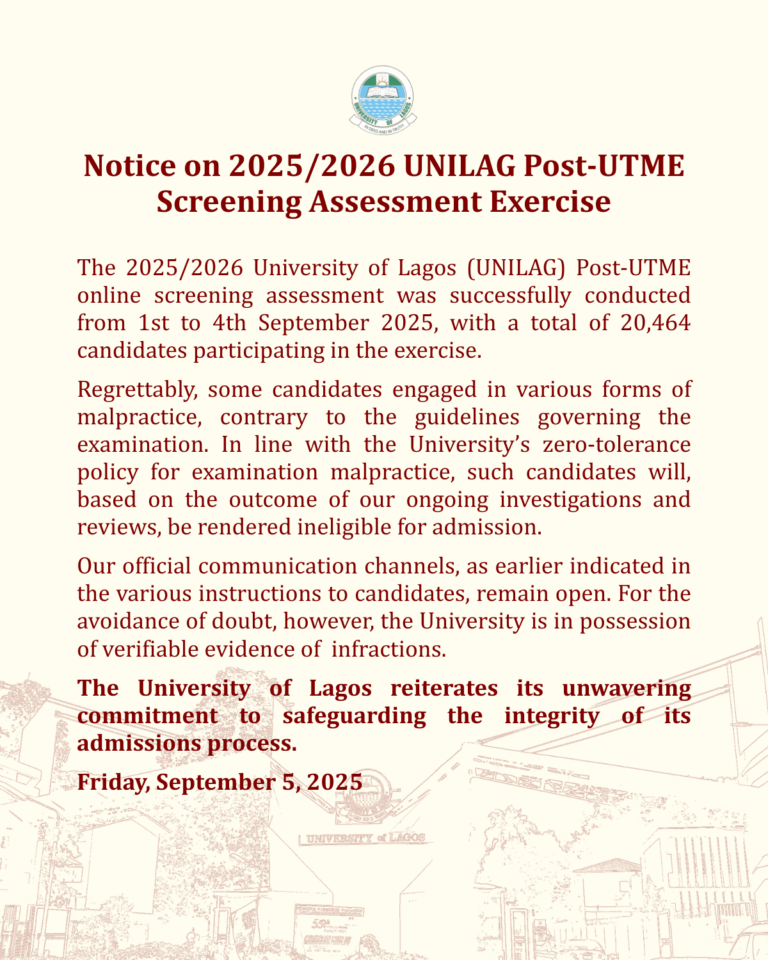 Notice on 2025/2026 UNILAG Post-UTME Screening Assessment Exercise ...